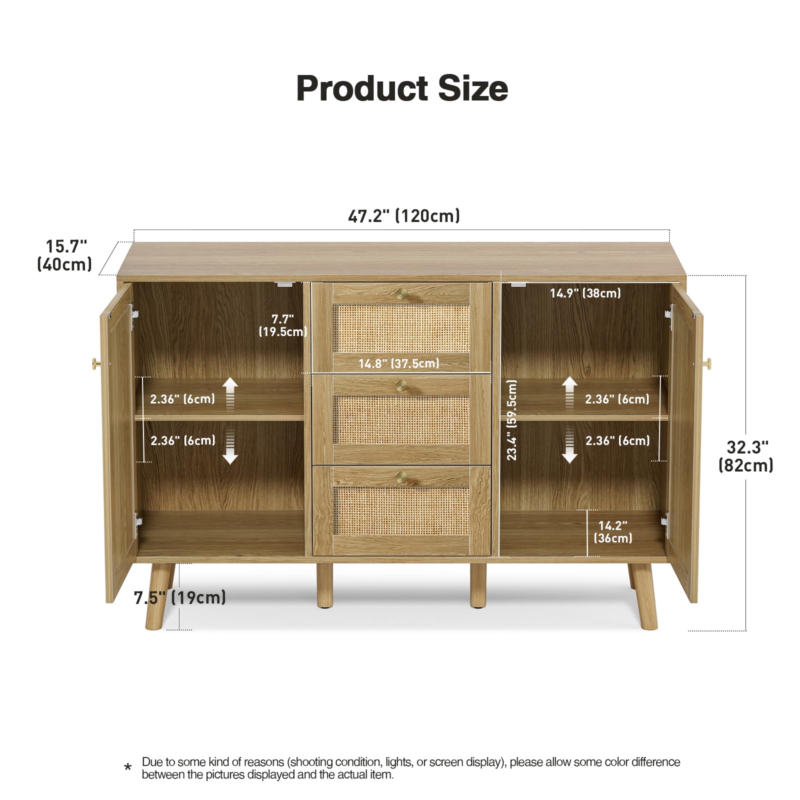 Giluta Sideboard Buffet Cabinet, 3 Drawers Cabinet with 2 Doors Boho Accent Storage Cabinet, Living Room Cupboard Console Table with Adjustable Shelves for Kitchen