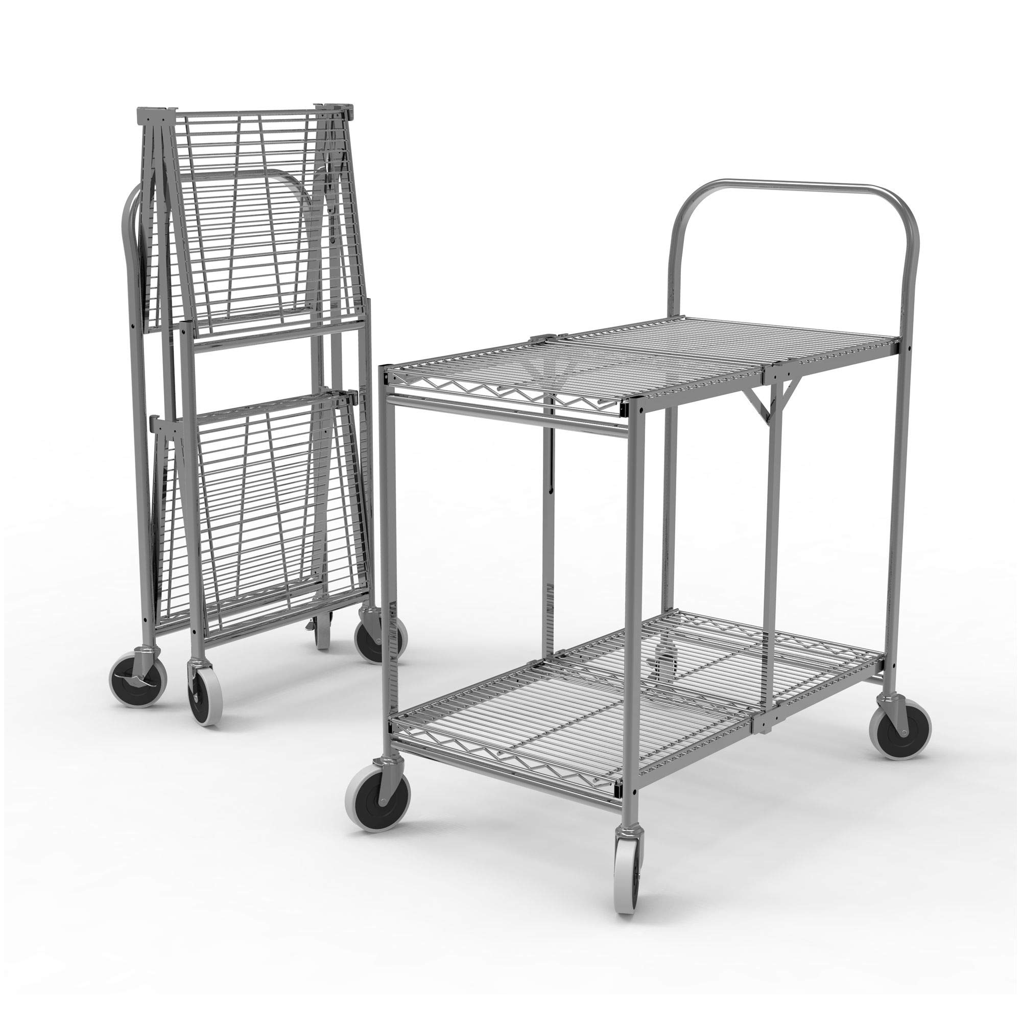 LUXOR WSCC-2 Two-Shelf Collapsible Wire Utility Cart with Wheels, Push Heavy Duty,Holds 200 Pounds and Folds Up for Storage, 37"W x 18.25"D x 30.5"H