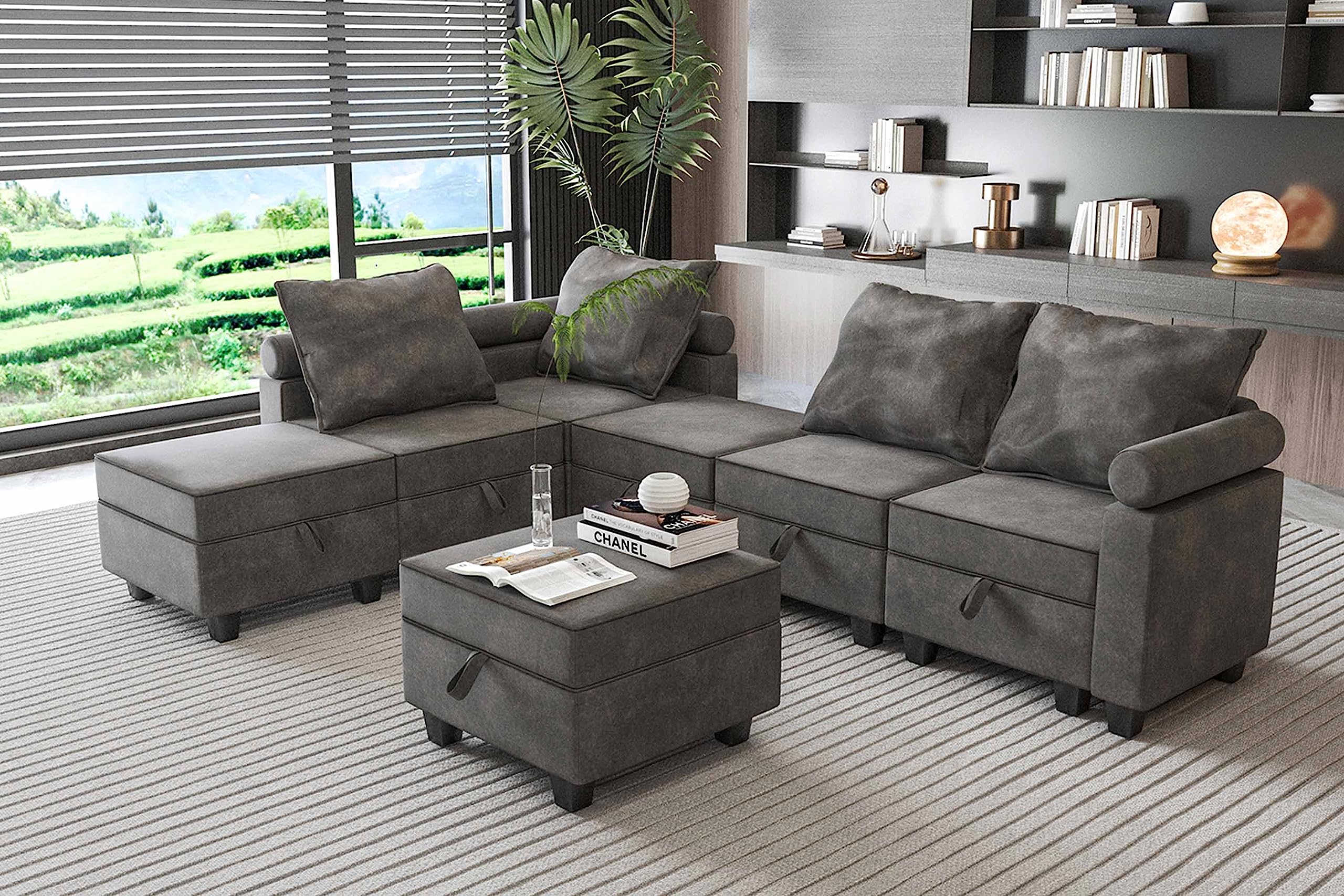 Tbfit Modular Sectional Sofa with Storage Ottoman, Convertible Oversized Couch with Reversible Chaises, Sleeper Sofa with Adjustable Arm for Living Room, 7 Seated, Dark Grey