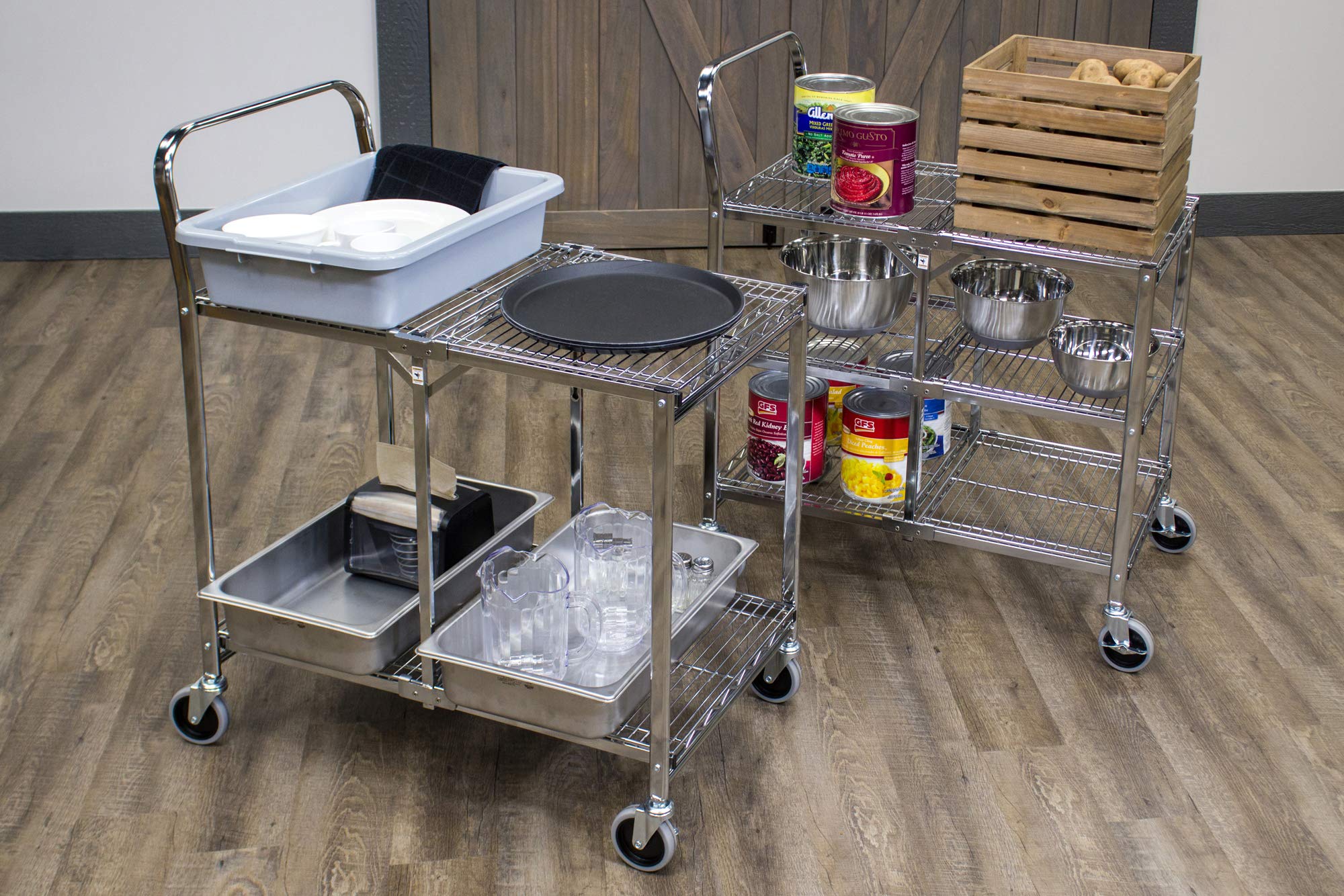 LUXOR WSCC-2 Two-Shelf Collapsible Wire Utility Cart with Wheels, Push Heavy Duty,Holds 200 Pounds and Folds Up for Storage, 37"W x 18.25"D x 30.5"H