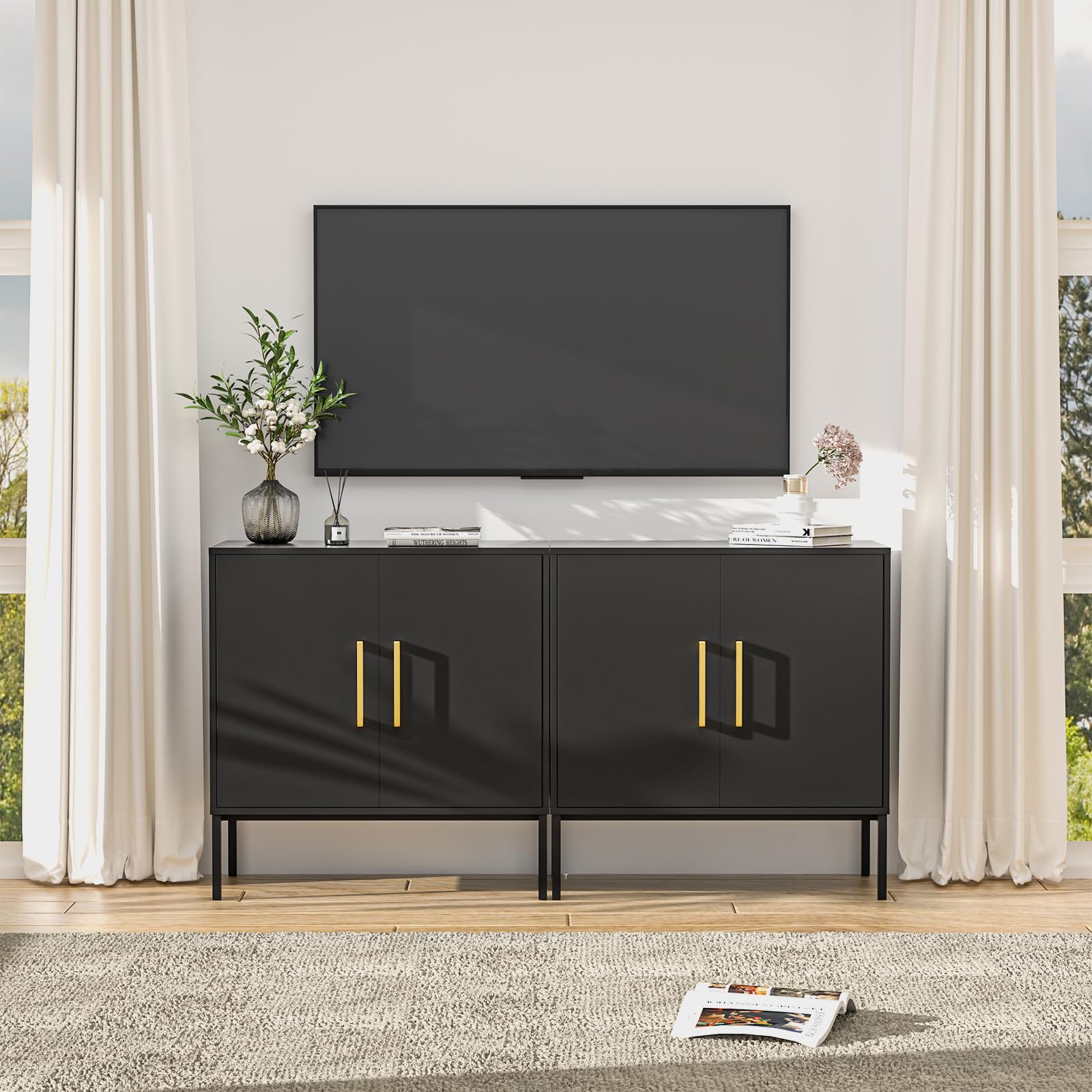 LYNSOM Set of 2 Accent Storage Cabinet with Doors and Adjustable Shelf, Freestanding Modern Sideboard Buffet Cabinet for Office, Dining Room, Living Room, Hallway, Black