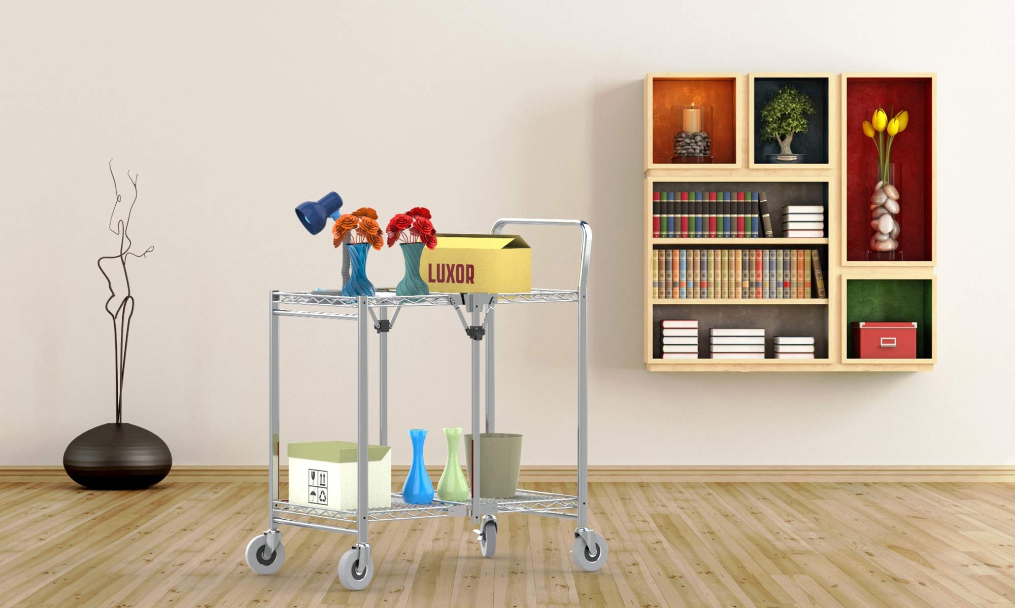 LUXOR WSCC-2 Two-Shelf Collapsible Wire Utility Cart with Wheels, Push Heavy Duty,Holds 200 Pounds and Folds Up for Storage, 37"W x 18.25"D x 30.5"H