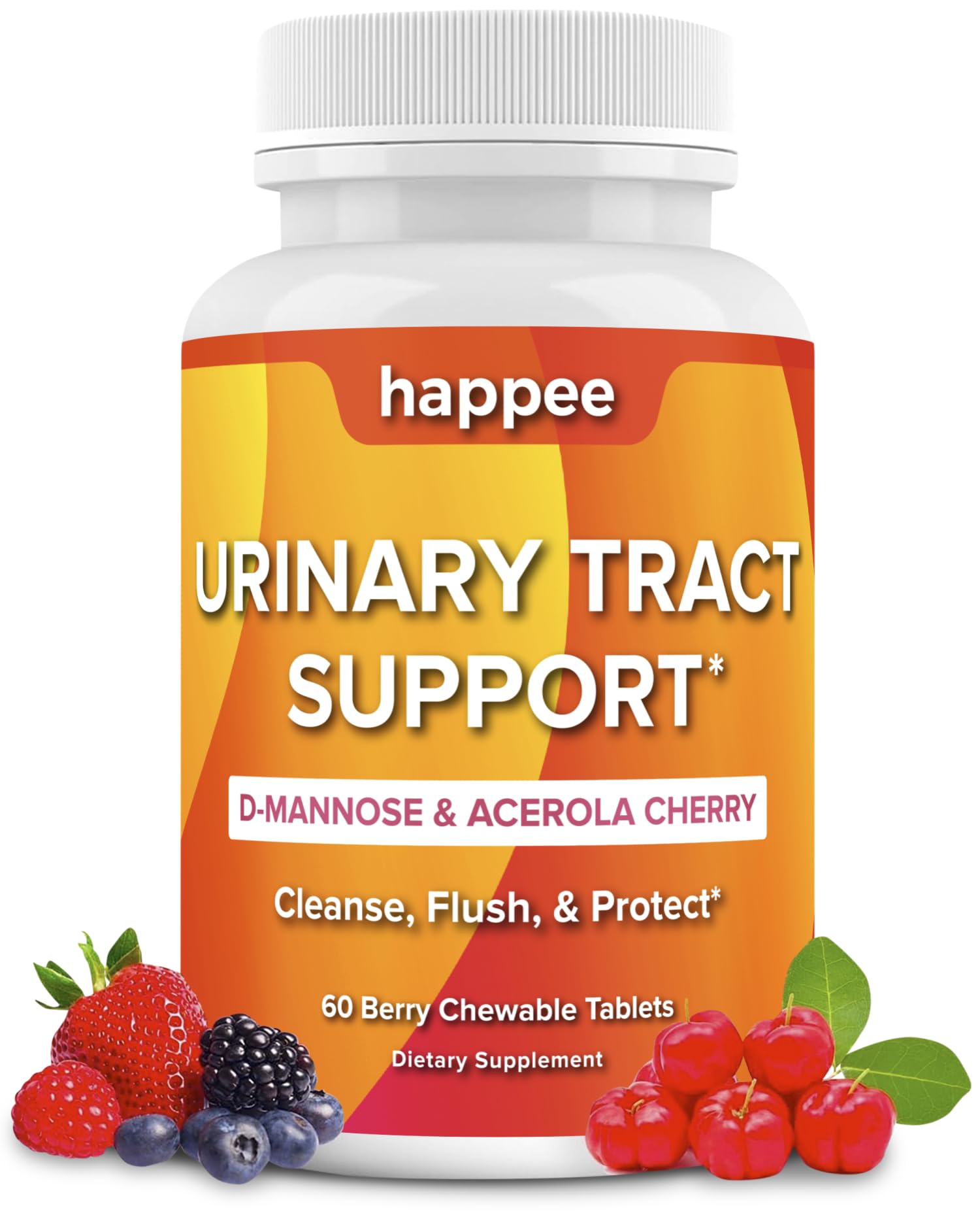 Happee Urinary Tract Health Supplement for Women & Men – Fast-Acting UTI Relief and Prevention, 500mg D-Mannose & Antioxidants, Supports Kidney and Bladder Health, Berry Flavor, 60 Chewables
