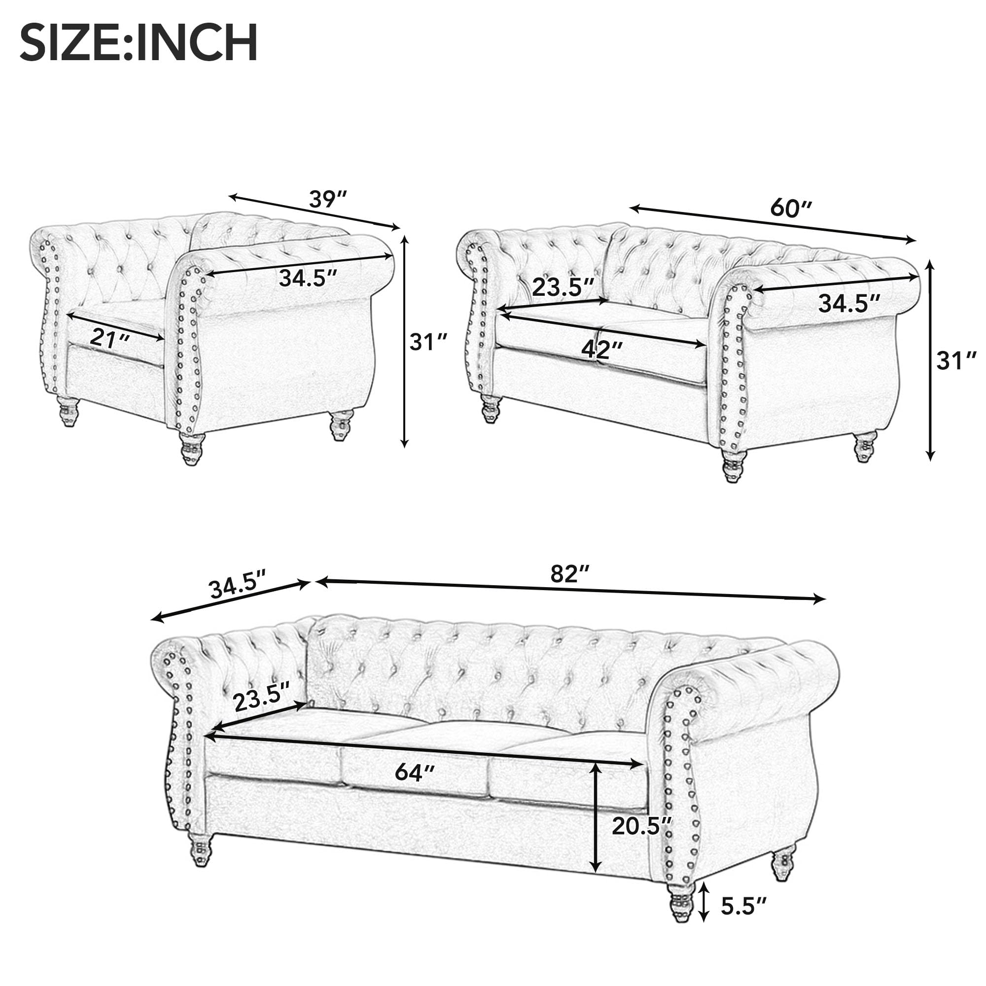 SZUBEE Living Room, 82" Modern Dutch Plush Sofa with Solid Wood Legs,Buttoned Tufted Backrest,Upholstered 3-Seater Couch for Apartment and Louge Area,Gray