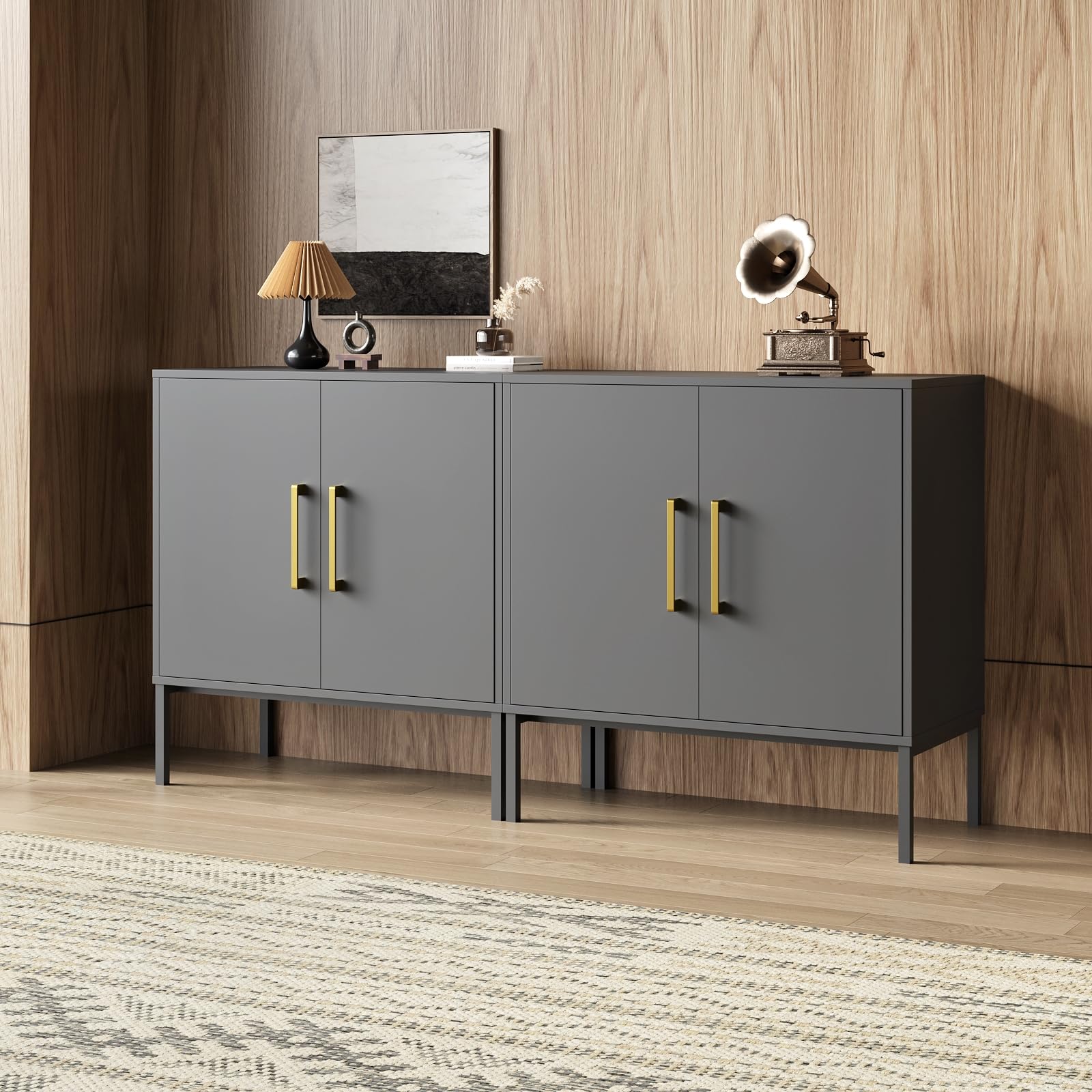 LYNSOM Set of 2 Accent Storage Cabinet with Doors and Adjustable Shelf, Freestanding Modern Sideboard Buffet Cabinet for Office, Dining Room, Living Room, Hallway, Black