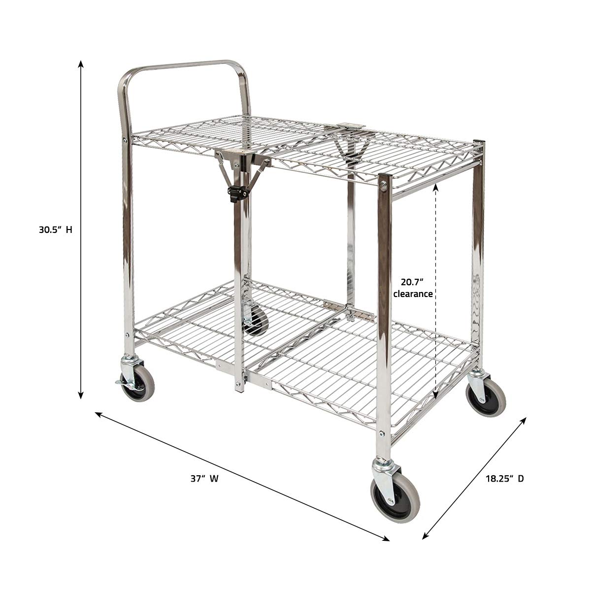 LUXOR WSCC-2 Two-Shelf Collapsible Wire Utility Cart with Wheels, Push Heavy Duty,Holds 200 Pounds and Folds Up for Storage, 37"W x 18.25"D x 30.5"H