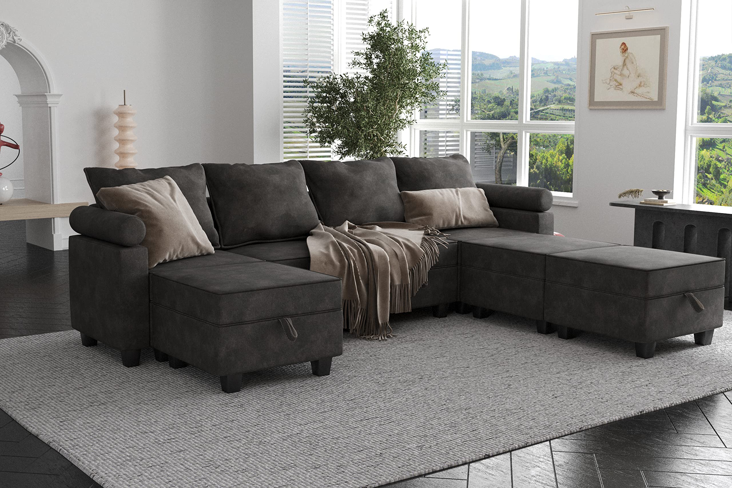 Tbfit Modular Sectional Sofa with Storage Ottoman, Convertible Oversized Couch with Reversible Chaises, Sleeper Sofa with Adjustable Arm for Living Room, 7 Seated, Dark Grey