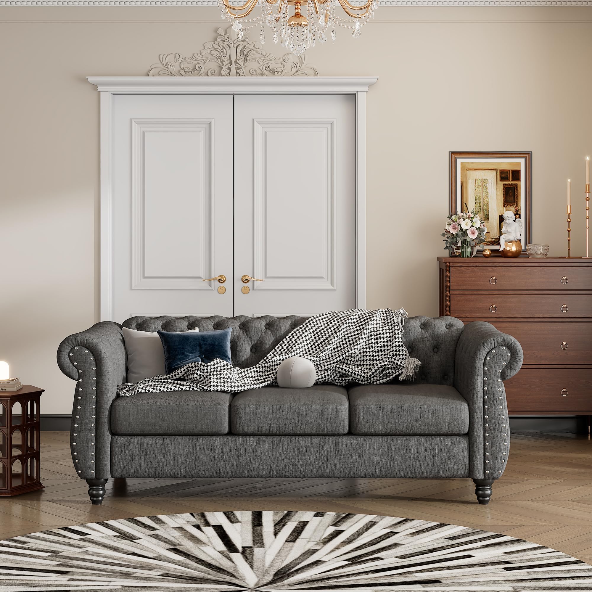 SZUBEE Living Room, 82" Modern Dutch Plush Sofa with Solid Wood Legs,Buttoned Tufted Backrest,Upholstered 3-Seater Couch for Apartment and Louge Area,Gray