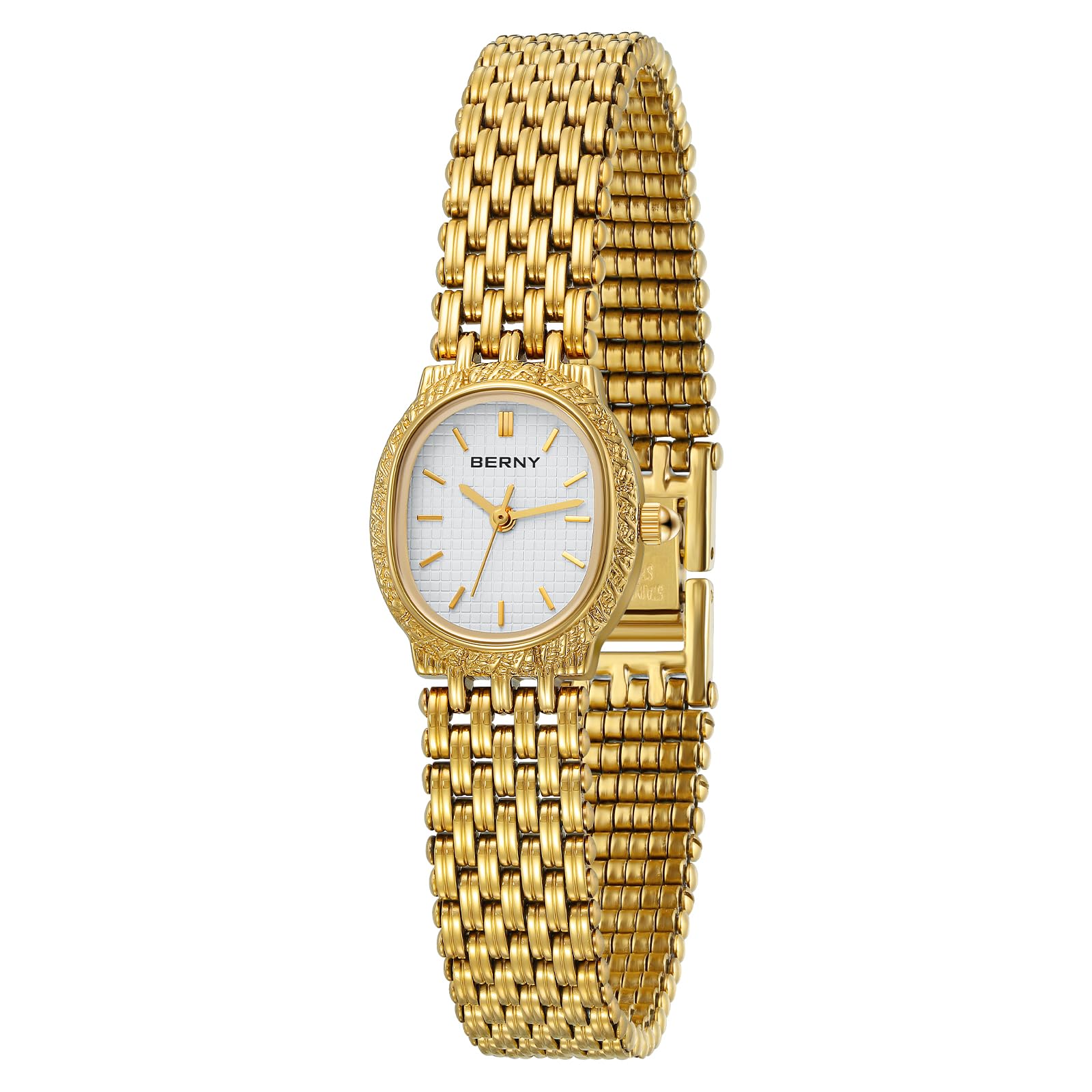BERNY Gold Watches for Women Vintage Bracelet Wrist Watch Luxury Small Ladies Oval Quartz Watch with Tools Included(White Dial)
