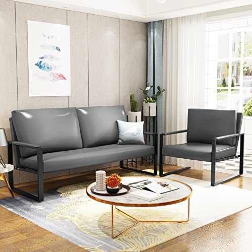 Lamerge Mid-Century Retro Modern Living Room Sofa Set with Loveseat and Seating Sofa Chair, Upholstered Couch and Accent Chair with Armrest, Living Room Set for Small Space, APT, Office (Grey)