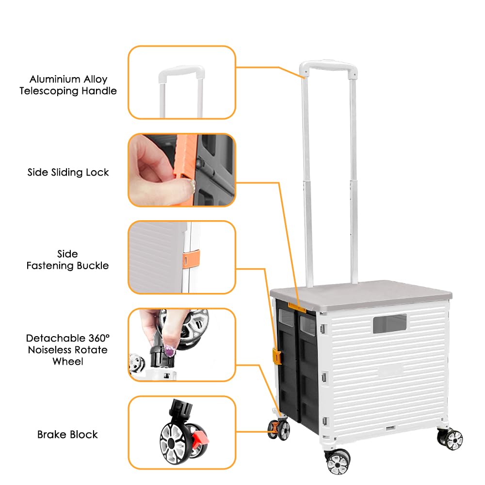 SELORSS Foldable Utility Cart Portable Collapsible Crate Rolling Carts with Wheels Rolling Tote Basket Teacher Cart with Lid Wear-Resistant 360°Rotate Wheel Noiseless for Shopping Storage Office Use