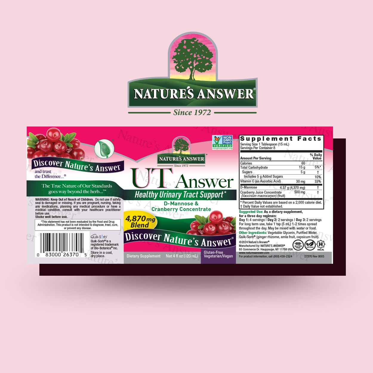 Nature's Answer UT Answer | Urinary Tract System Support | Cranberry Flavor Dietary Supplement | Alcohol-Free, Gluten-Free, Not Tested on Animals & Vegan 4oz
