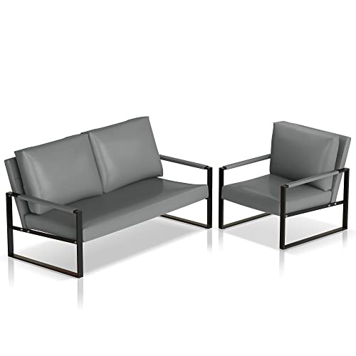 Lamerge Mid-Century Retro Modern Living Room Sofa Set with Loveseat and Seating Sofa Chair, Upholstered Couch and Accent Chair with Armrest, Living Room Set for Small Space, APT, Office (Grey)