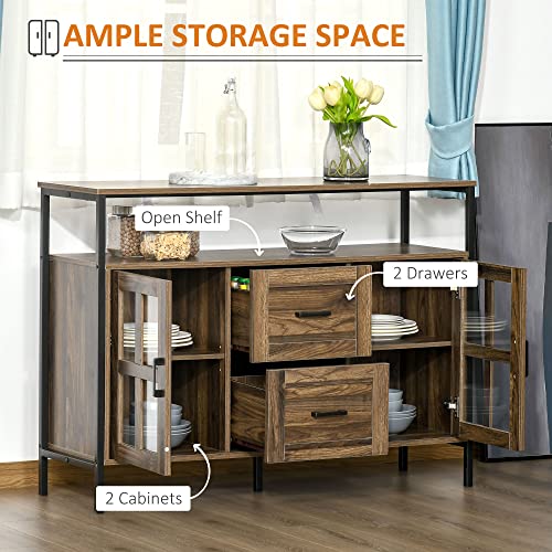 HOMCOM Industrial Sideboard Buffet Cabinet, Coffee Bar Cabinet with Adjustable Shelves, Glass Doors, and 2 Drawers for Kitchen, Living Room, Brown