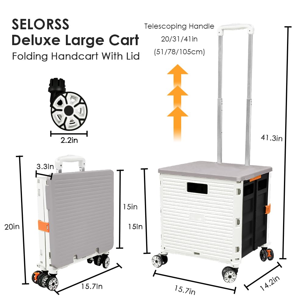 SELORSS Foldable Utility Cart Portable Collapsible Crate Rolling Carts with Wheels Rolling Tote Basket Teacher Cart with Lid Wear-Resistant 360°Rotate Wheel Noiseless for Shopping Storage Office Use