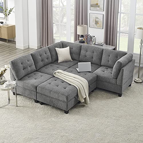 Free Combination Sectional Sofa Oversized Reversible Modular Couch L Shaped Corner Sofá Upholstered Deap Seat Sleeper Couches Bed with Storage for Living Room,3 Single Chairs,2 Corners,Double Ottomans