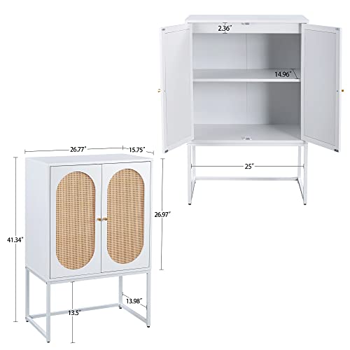 AWQM Natural Rattan 2 Door High Cabinet,Sideboard Buffet Cupboard Accent Cabinet,Adjustable Shelves,Free Standing Bookmatch,Easy Assembly,26.77" L x 15.75" W x 41.34" H,White