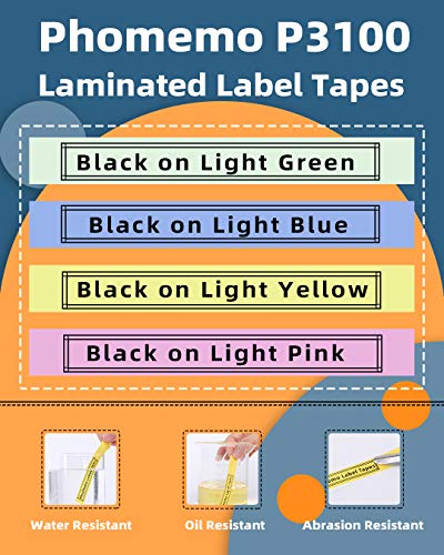 Phomemo P3100 12mm Black on Pink/Yellow/Blue/Green Semi-Transparent Laminated Label Tape- Phomemo Compatible Label Tape Replacement for Brother Ptouch Label Maker Tape 12mm (1/2 Inch) x 8m
