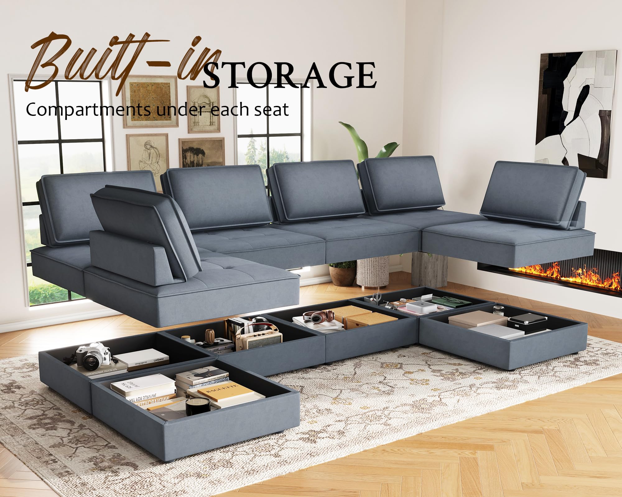 PaPaJet Sectional Sofa, 6 Seater Modular Sectional Couch- Convertible U Shaped Sectional Sofa Couch, 32" Seat Depth Oversized Couch for Living Room, Office (Velvet,Grey)