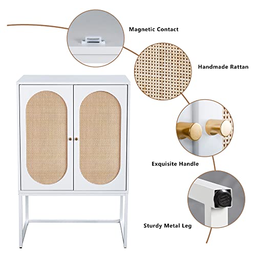 AWQM Natural Rattan 2 Door High Cabinet,Sideboard Buffet Cupboard Accent Cabinet,Adjustable Shelves,Free Standing Bookmatch,Easy Assembly,26.77" L x 15.75" W x 41.34" H,White