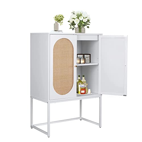 AWQM Natural Rattan 2 Door High Cabinet,Sideboard Buffet Cupboard Accent Cabinet,Adjustable Shelves,Free Standing Bookmatch,Easy Assembly,26.77" L x 15.75" W x 41.34" H,White