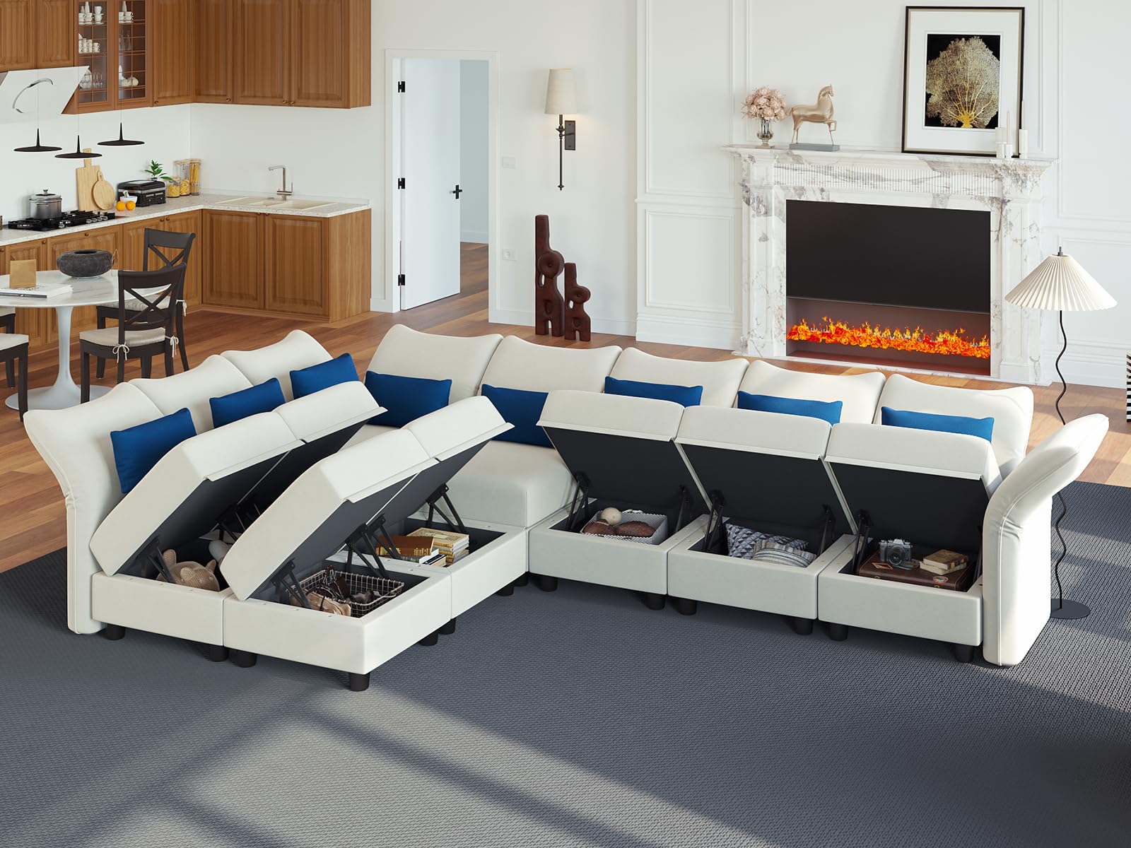 LLappuil Oversized Modular Sectional Sofa 153.4" 9-Seater L Shaped Couch with Large Storage Chaise, Velvet High Back Recliner Couches with Big Ottoman for Living Room, White