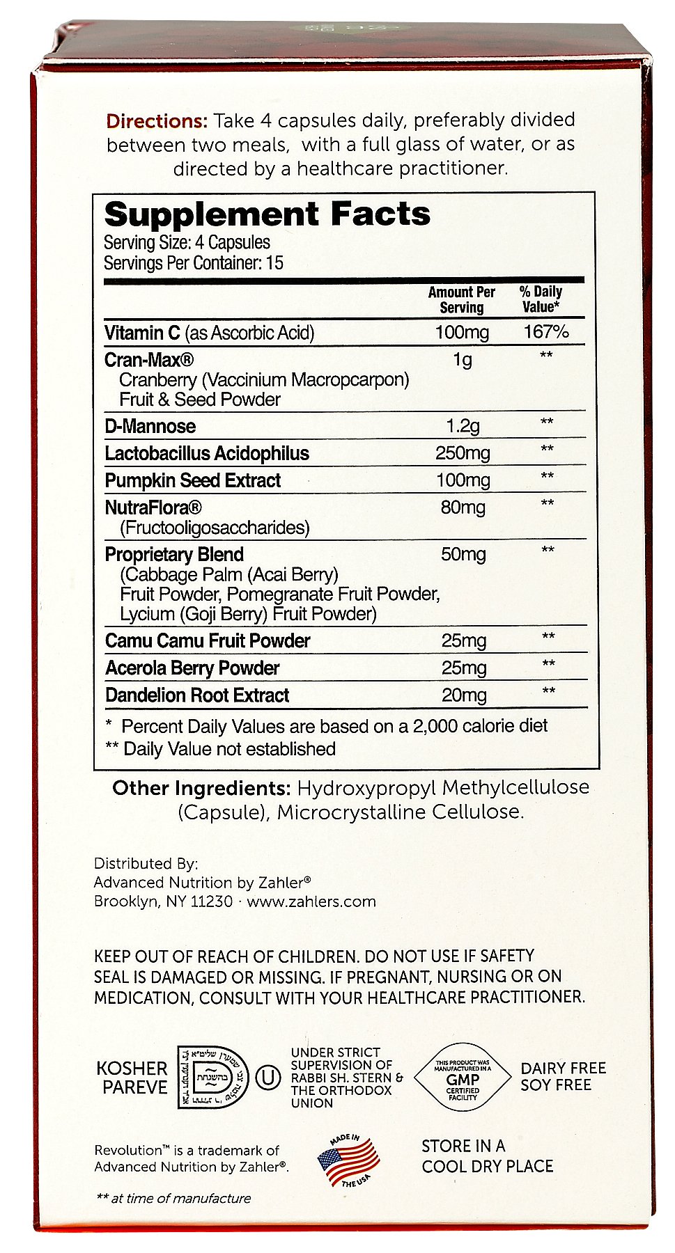Zahler UTI Revolution, Urinary Tract and Bladder Health, All Natural Cranberry Concentrate Pills Fortified with D-Mannose and Probiotics, Certified Kosher, 60 Caps