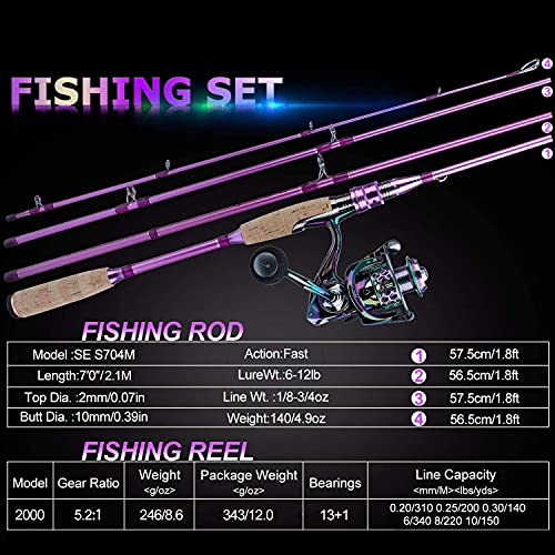 Sougayilang Fishing Rod Reel Combo,Carbon Fiber Protable Spinning Fishing Pole and Colorful Spinning Reel for Travel 4 Pieces Freshwater-6.9FT