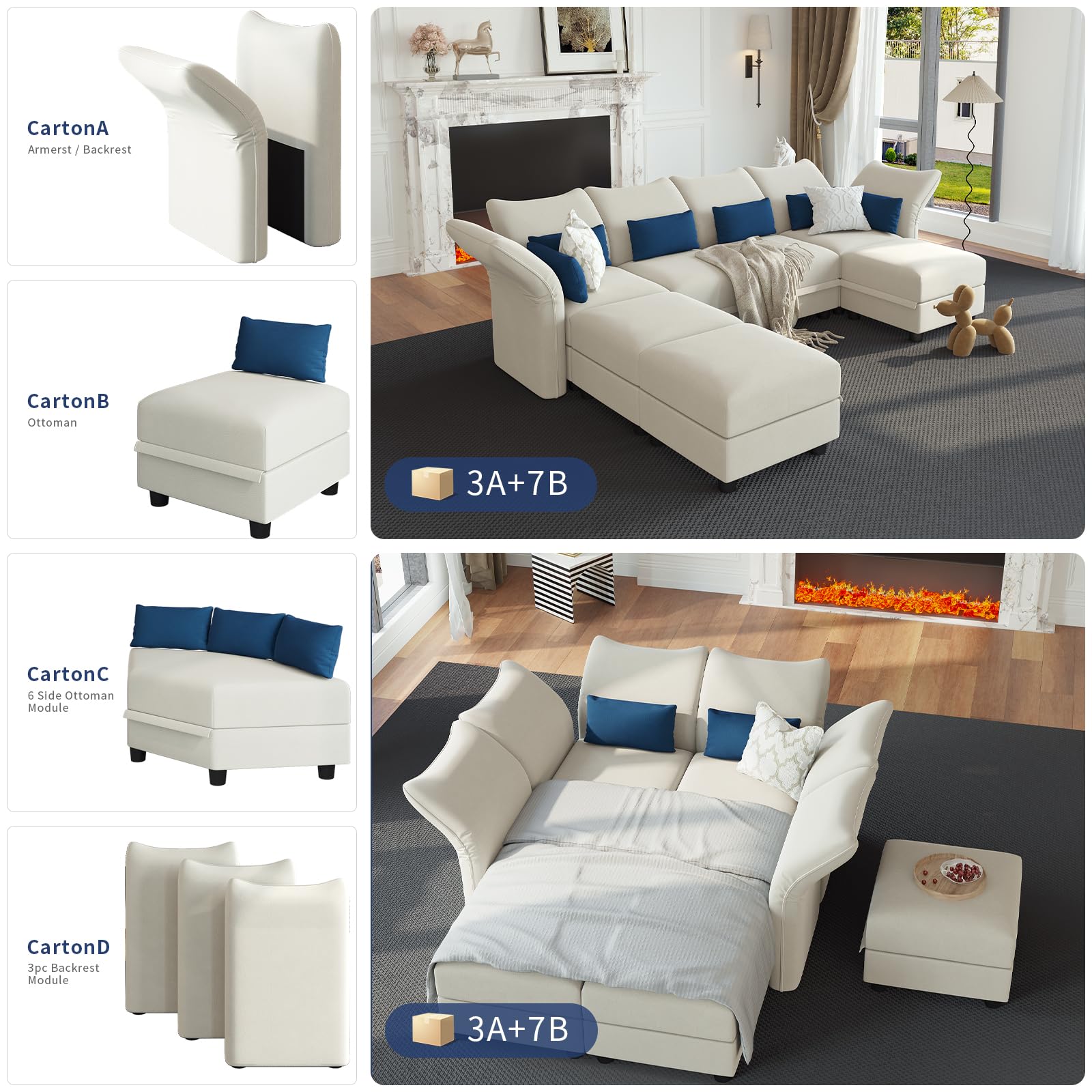 LLappuil Oversized Modular Sectional Sofa 153.4" 9-Seater L Shaped Couch with Large Storage Chaise, Velvet High Back Recliner Couches with Big Ottoman for Living Room, White