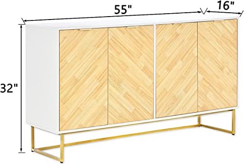 4 EVER WINNER Sideboard Buffet Cabinet, 55" Modern Credenzas Storage Cabinet with 4 Doors, Wood Buffet Storage Cabinet with Adjustable Shelves for Living Room Hallway, White and Gold