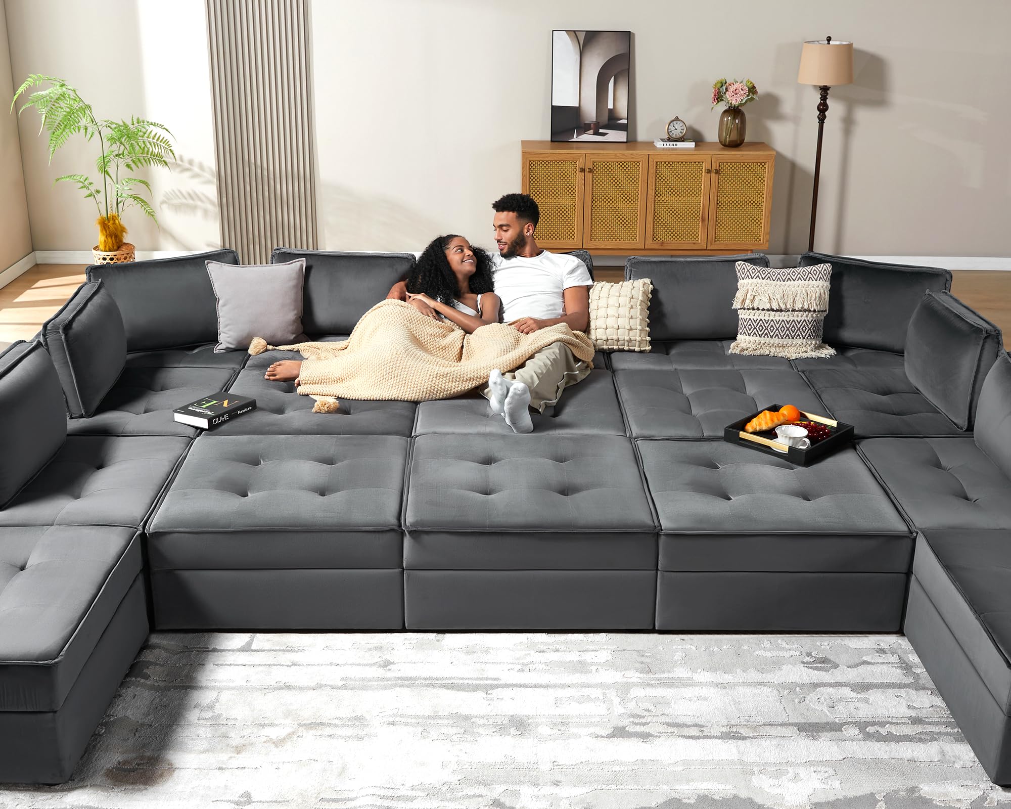 PaPaJet Sectional Sofa, 6 Seater Modular Sectional Couch- Convertible U Shaped Sectional Sofa Couch, 32" Seat Depth Oversized Couch for Living Room, Office (Velvet,Grey)