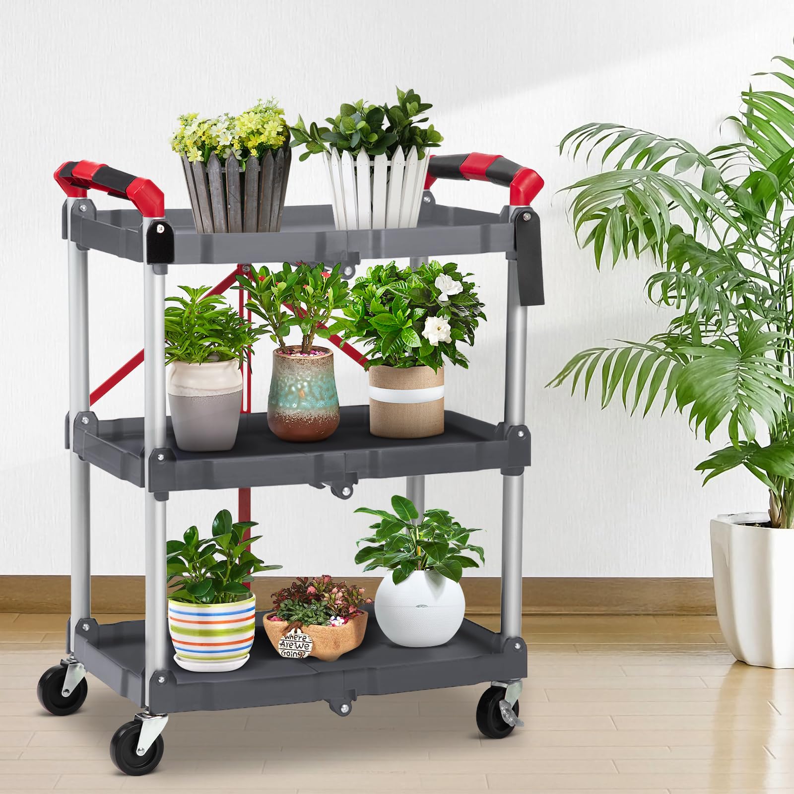 Towallmark Portable Folding Service Cart, 3 Tier Folding Utility Cart, Collapsible Utility Carts for Office, Warehouse, and Home, 56 Lbs Load Capacity per Shelf (Grey & Red)