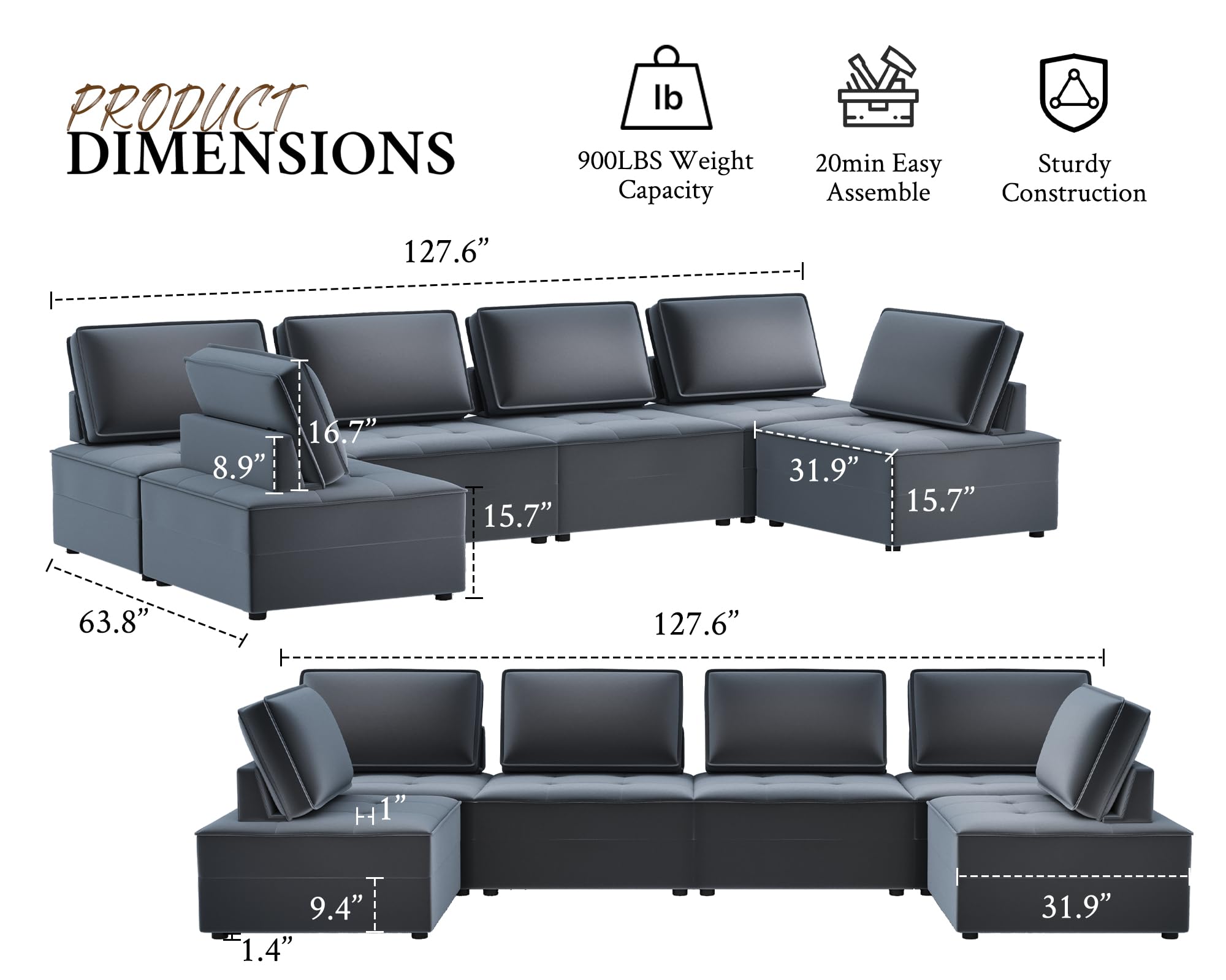 PaPaJet Sectional Sofa, 6 Seater Modular Sectional Couch- Convertible U Shaped Sectional Sofa Couch, 32" Seat Depth Oversized Couch for Living Room, Office (Velvet,Grey)
