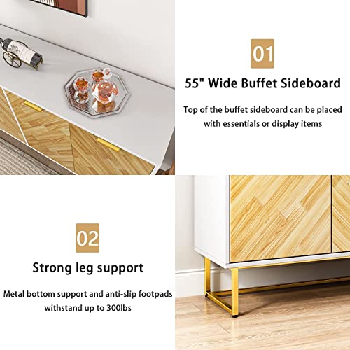 4 EVER WINNER Sideboard Buffet Cabinet, 55" Modern Credenzas Storage Cabinet with 4 Doors, Wood Buffet Storage Cabinet with Adjustable Shelves for Living Room Hallway, White and Gold
