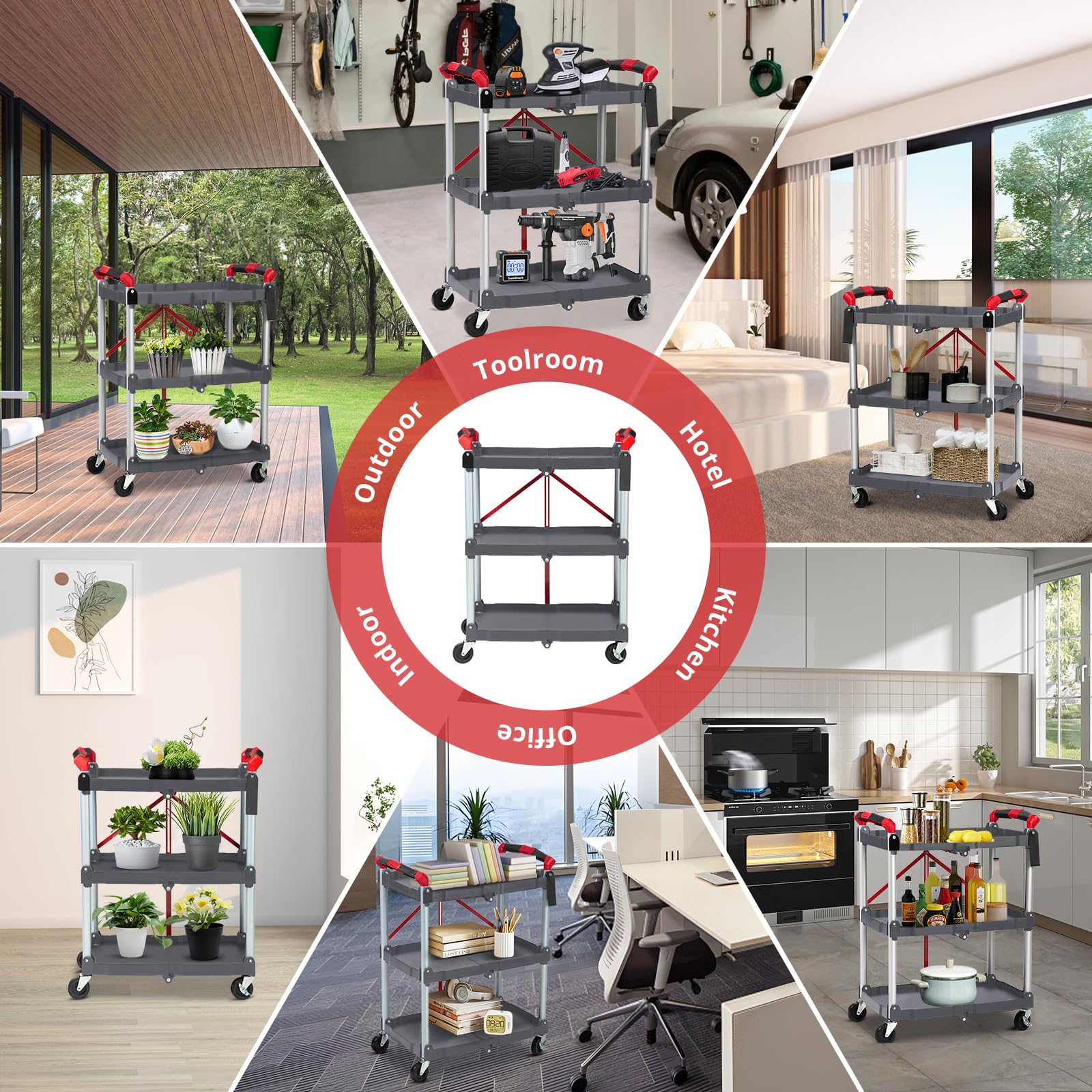 Towallmark Portable Folding Service Cart, 3 Tier Folding Utility Cart, Collapsible Utility Carts for Office, Warehouse, and Home, 56 Lbs Load Capacity per Shelf (Grey & Red)