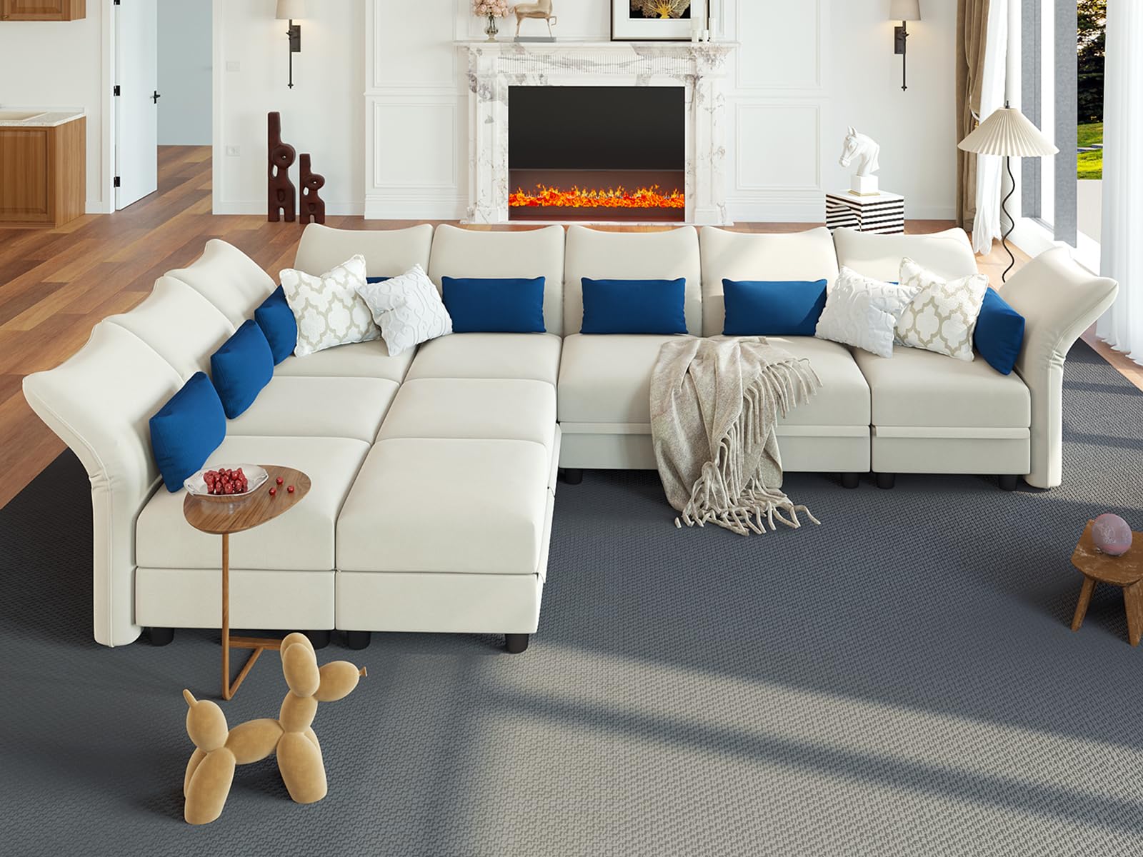 LLappuil Oversized Modular Sectional Sofa 153.4" 9-Seater L Shaped Couch with Large Storage Chaise, Velvet High Back Recliner Couches with Big Ottoman for Living Room, White