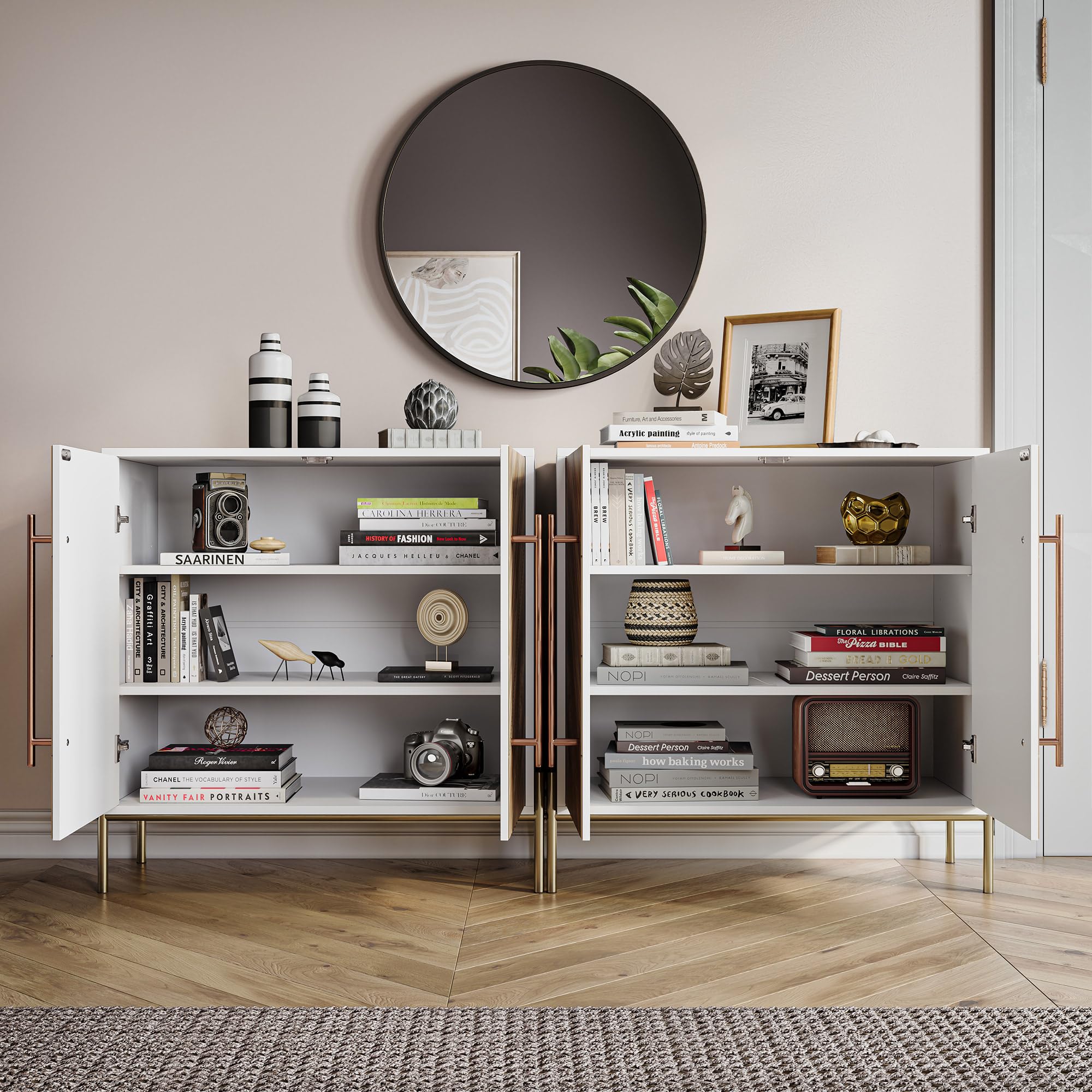 BELLEZE Set of 2 Sideboard Buffet Cabinet with Doors & Adjustable Shelves, Kitchen Storage Cabinet, Modern Accent Cabinet for Entryway, Living Room, or Bedroom, Storage Credenza - Harper (Rustic Oak)