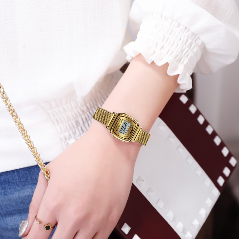 MASTOP Women's Digital Watches Ultra-Thin Gorgeous Simple Petite Wrist Watches Small Dial Mesh Steel Bracelet (Gold)