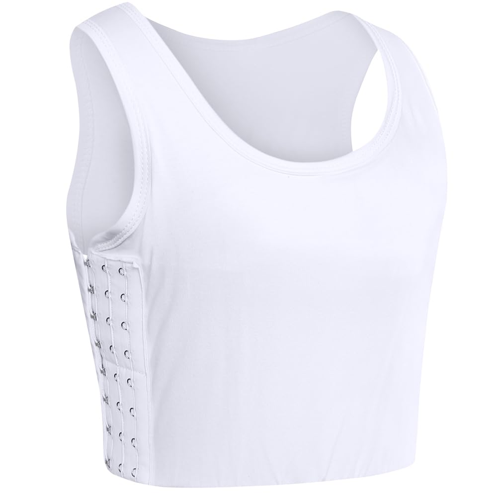 XUJI Transgender FTM Big Size Chest Binder Strapless Zip up Built-in Elastic Band Flat Slim Fit Tops (White, XXL)