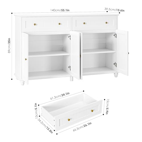 FINETONES Buffet Cabinet with Storage, 55.1” Large Sideboard Buffet Cabinet, White Kitchen Cabinet Display Cabinet with 2 Drawers and 4 Doors, Wood Coffee Bar Cabinet for Kitchen Dining Room