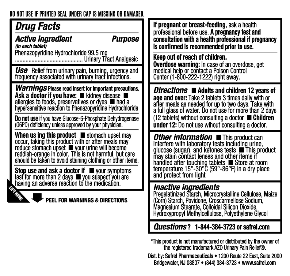 Safrel Urinary Pain Relief | UTI Relief | Fast Acting | Bladder Discomfort & Pain Relief | Phenazopyridine Hydrochloride 99.5mg (28 Count (Pack of 1))