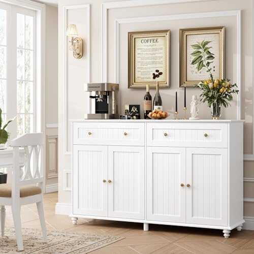 FINETONES Buffet Cabinet with Storage, 55.1” Large Sideboard Buffet Cabinet, White Kitchen Cabinet Display Cabinet with 2 Drawers and 4 Doors, Wood Coffee Bar Cabinet for Kitchen Dining Room