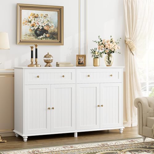 FINETONES Buffet Cabinet with Storage, 55.1” Large Sideboard Buffet Cabinet, White Kitchen Cabinet Display Cabinet with 2 Drawers and 4 Doors, Wood Coffee Bar Cabinet for Kitchen Dining Room