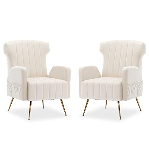 Villeston Accent Chairs Set of 2 for Living Room Velvet High Back Comfy Armchair Single Sofa with Metal Legs for Bedroom Office, Beige