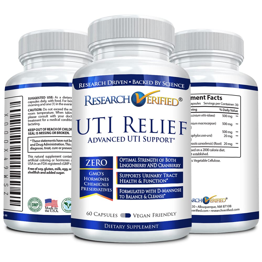 Research Verified UTI Relief - Urinary Tract Support Supplement - 100% Natural, Vegan with Lingonberry, Cranberry & D-Mannose - 60 Capsules - 3 Bottles (3 Month Supply)