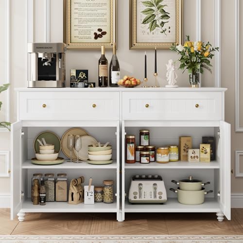 FINETONES Buffet Cabinet with Storage, 55.1” Large Sideboard Buffet Cabinet, White Kitchen Cabinet Display Cabinet with 2 Drawers and 4 Doors, Wood Coffee Bar Cabinet for Kitchen Dining Room