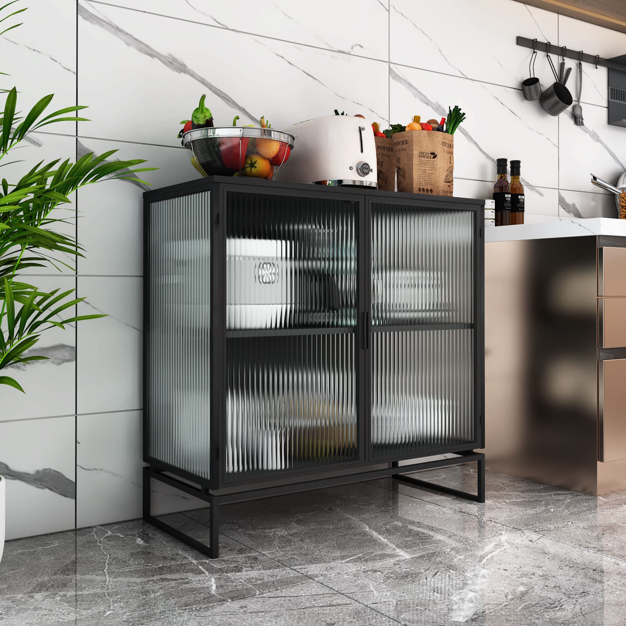 QEIUZON Modern Sideboard Buffet Cabinet, Glass Accent Storage Cabinet Kitchen Console Table TV Stand for Living Room, Dining Room, Bedroom (Black-2 Packs)