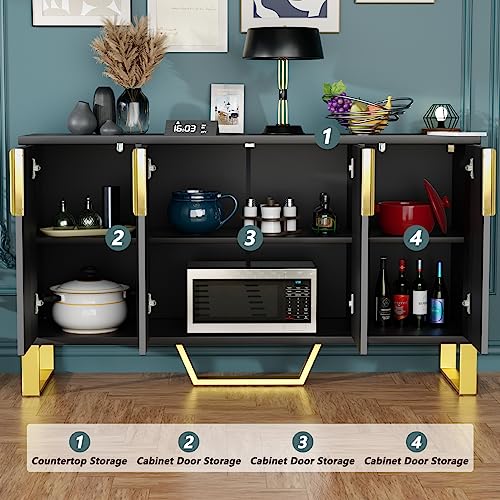 Zevemomo Buffet Sideboard Storage Cabinet for Living Room Coffee Bar Console Table with Adjustable Shelf, 4 Doors, Black