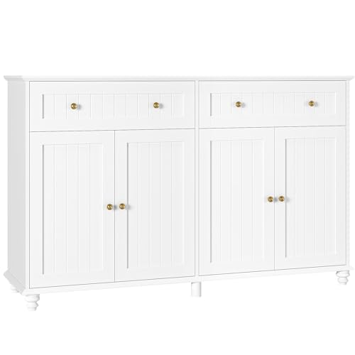 FINETONES Buffet Cabinet with Storage, 55.1” Large Sideboard Buffet Cabinet, White Kitchen Cabinet Display Cabinet with 2 Drawers and 4 Doors, Wood Coffee Bar Cabinet for Kitchen Dining Room