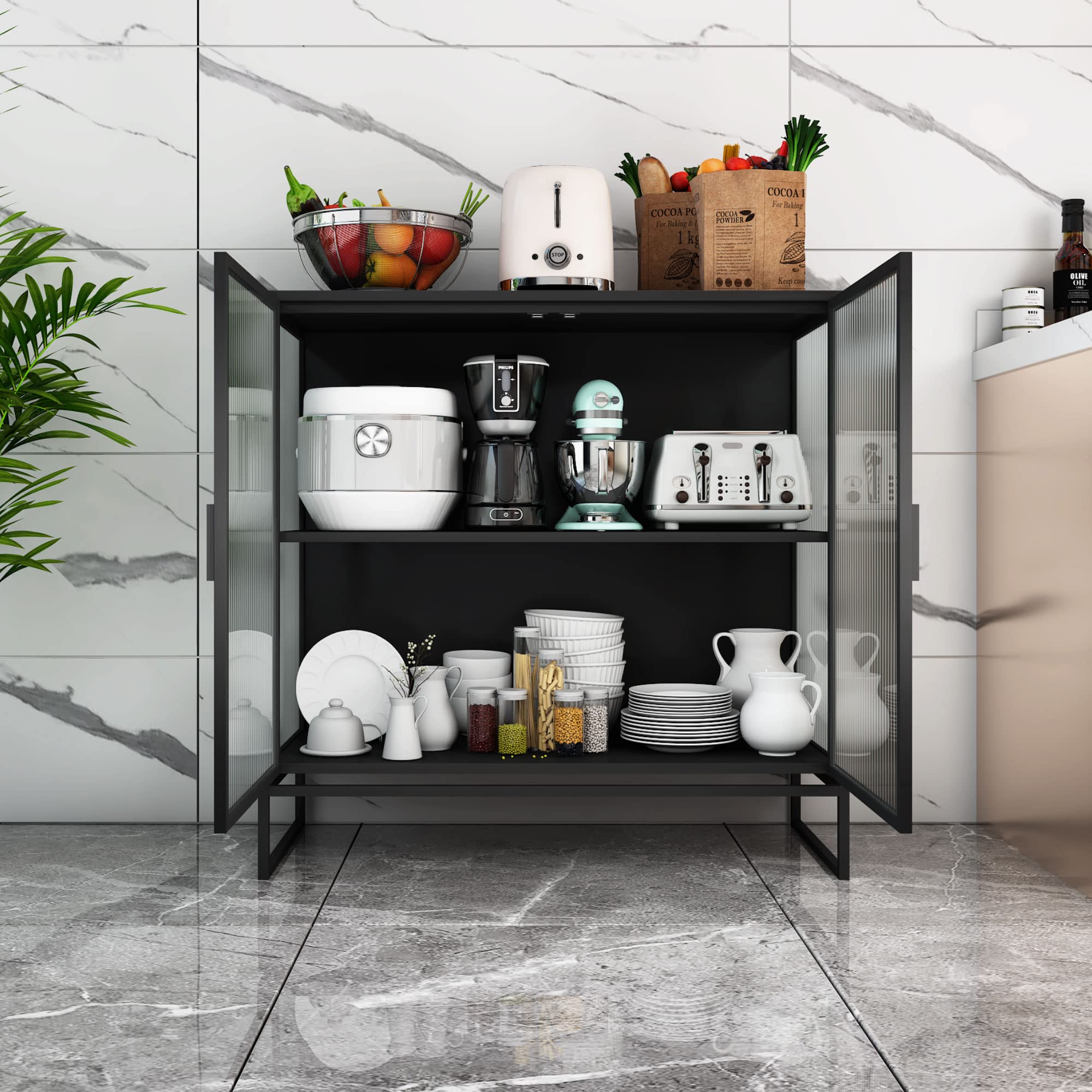 QEIUZON Modern Sideboard Buffet Cabinet, Glass Accent Storage Cabinet Kitchen Console Table TV Stand for Living Room, Dining Room, Bedroom (Black-2 Packs)
